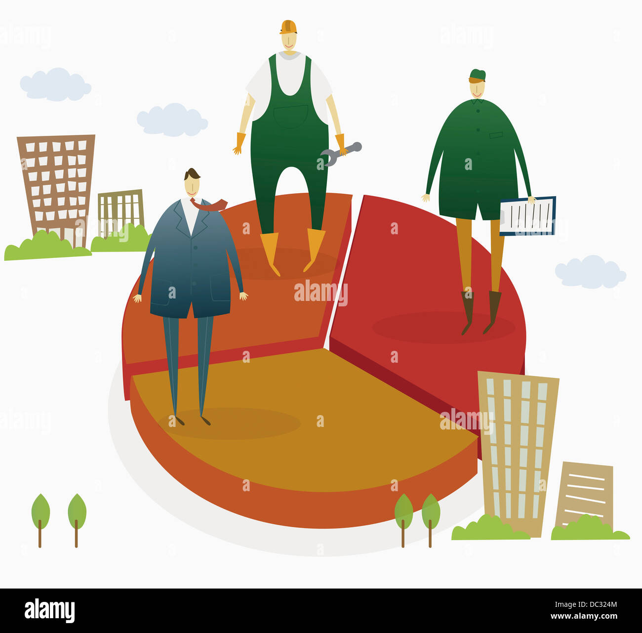 illustration of men standing on pie graphs Stock Photo - Alamy