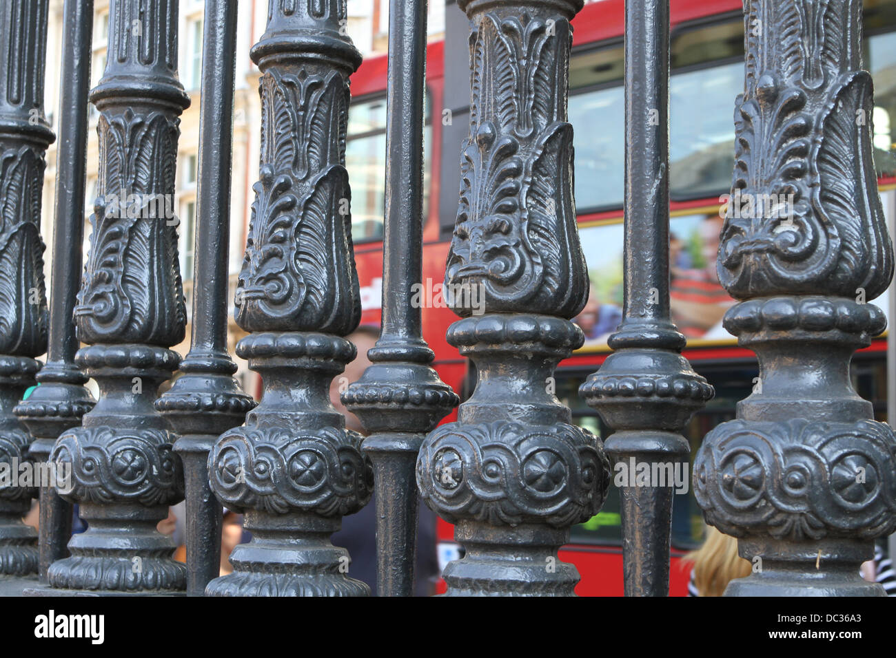 View through railings at British Museum with London bus passing Stock ...
