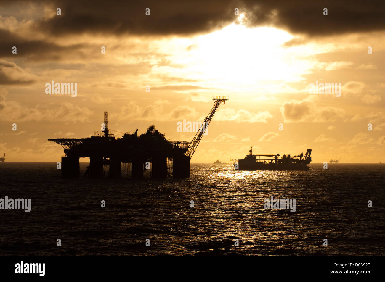 Offshore oil field with lots of rigs at sunset/sunrise time, coast of ...