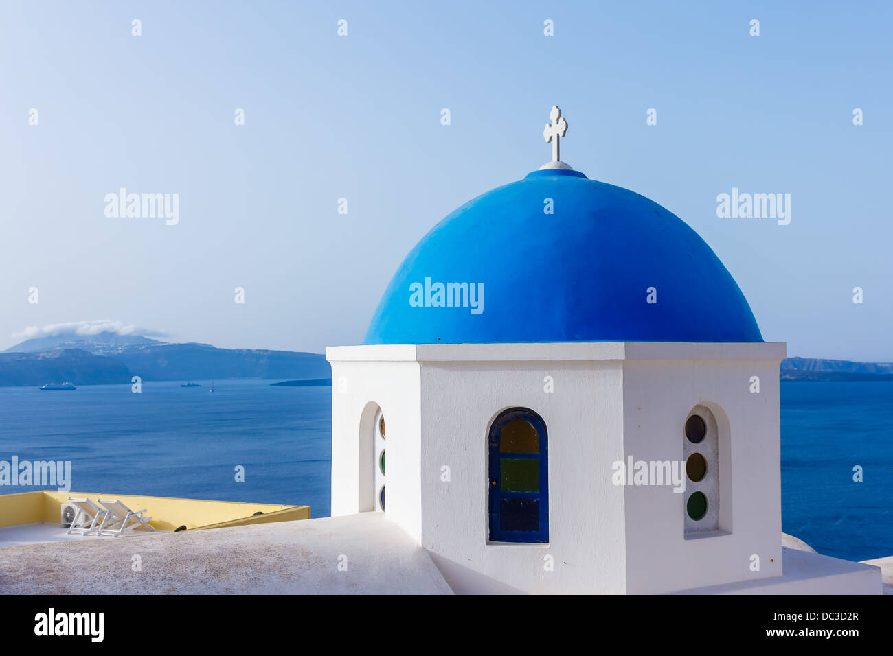 Traditional blue dome in Oia village in Santorini, Greece Stock Photo ...
