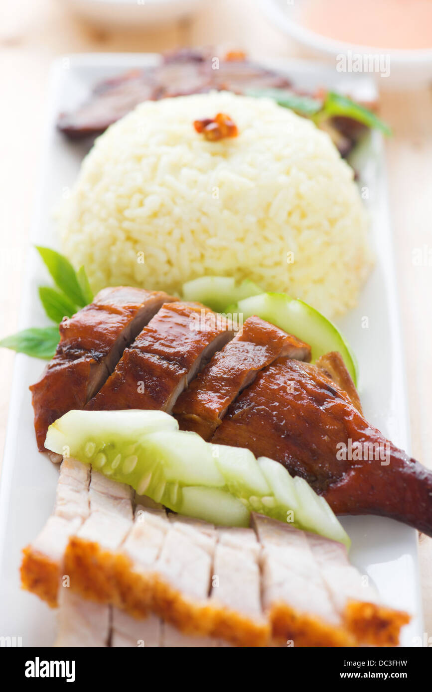 Roasted duck and roasted pork crispy siu yuk, Chinese style, served ...