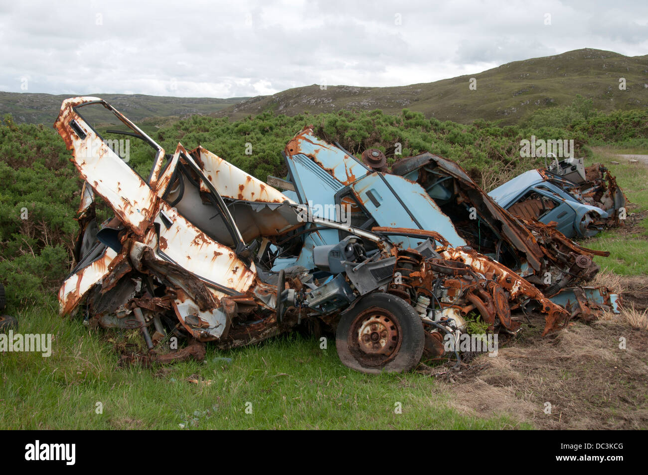 Scrap vehicles abandoned by the side of a road near Torrisdale ...