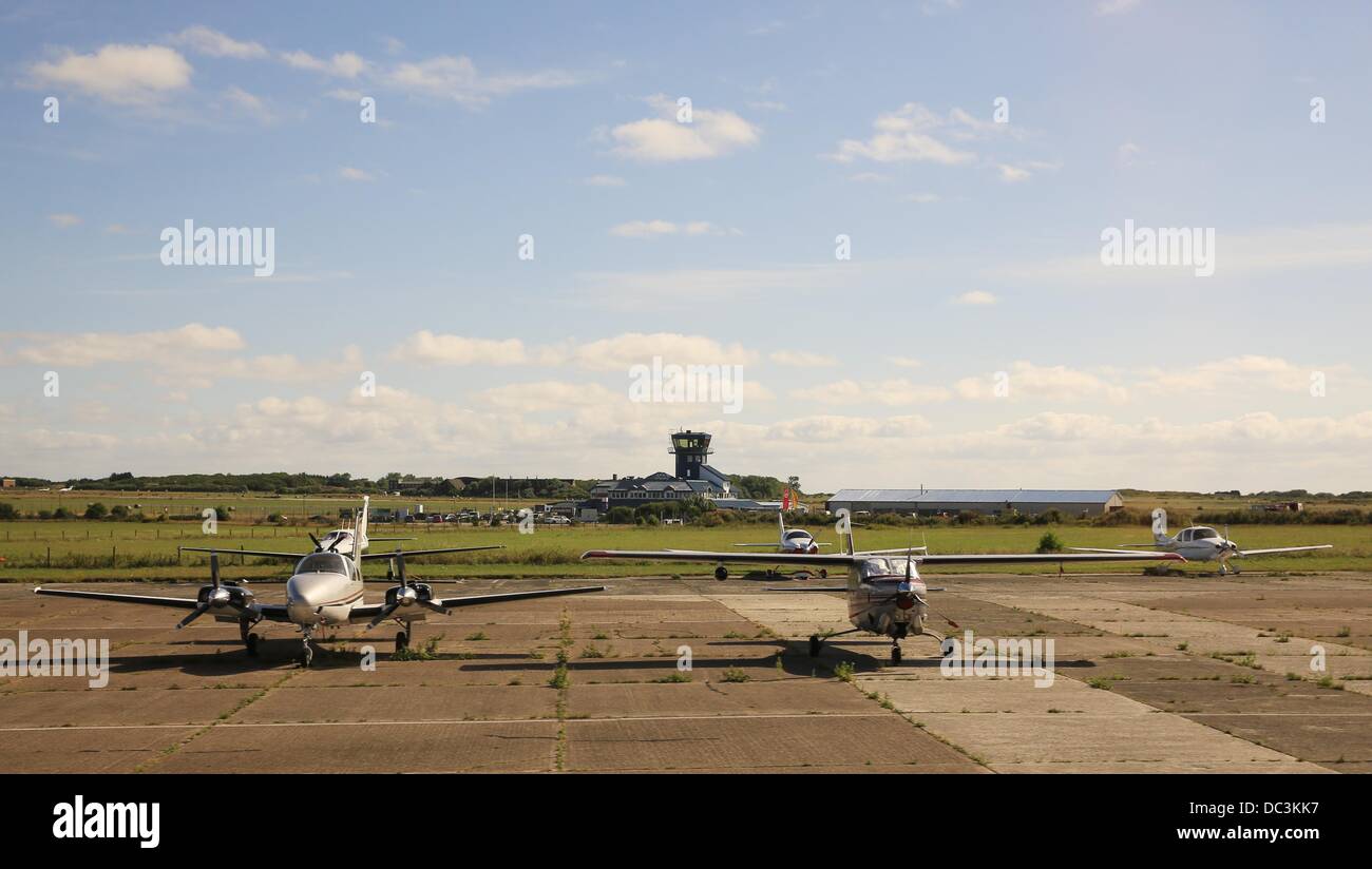 Private planes are parked at the airport on the North Sea island Sylt ...