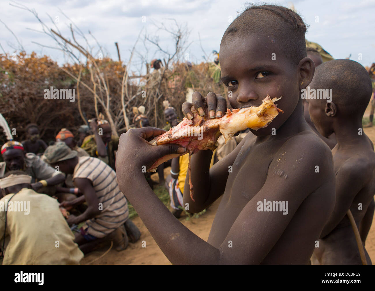 Dassanech Tribe Warriors Sharing Cow Meat During A Ceremony, Omorate ...