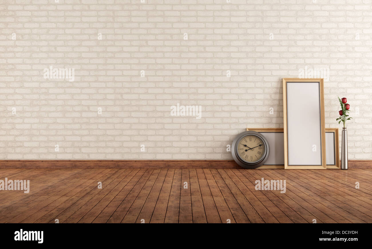 Empty vintage interior with brick wall, clock and blank frame on the ...