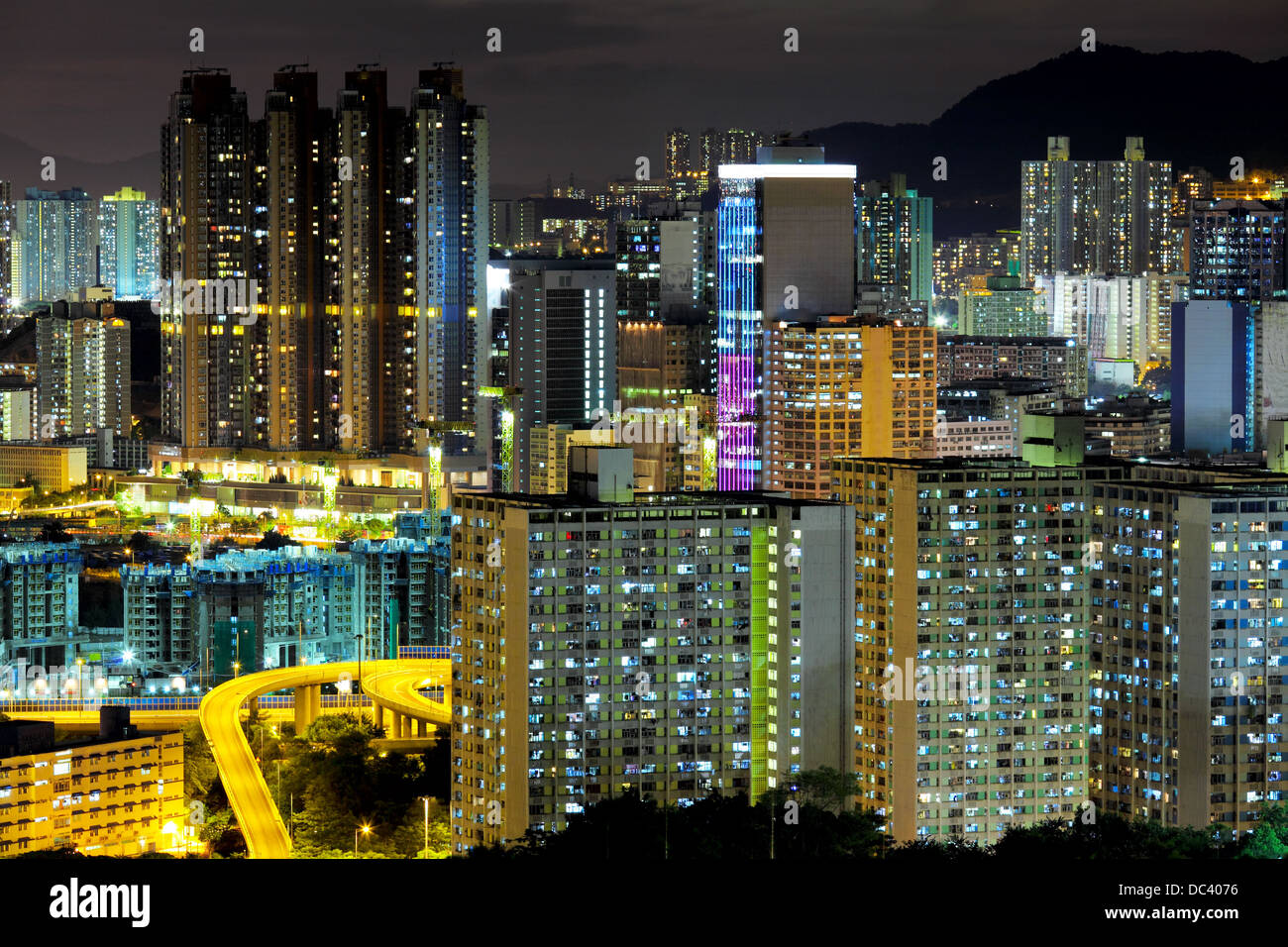 hong kong crowded building at night Stock Photo - Alamy