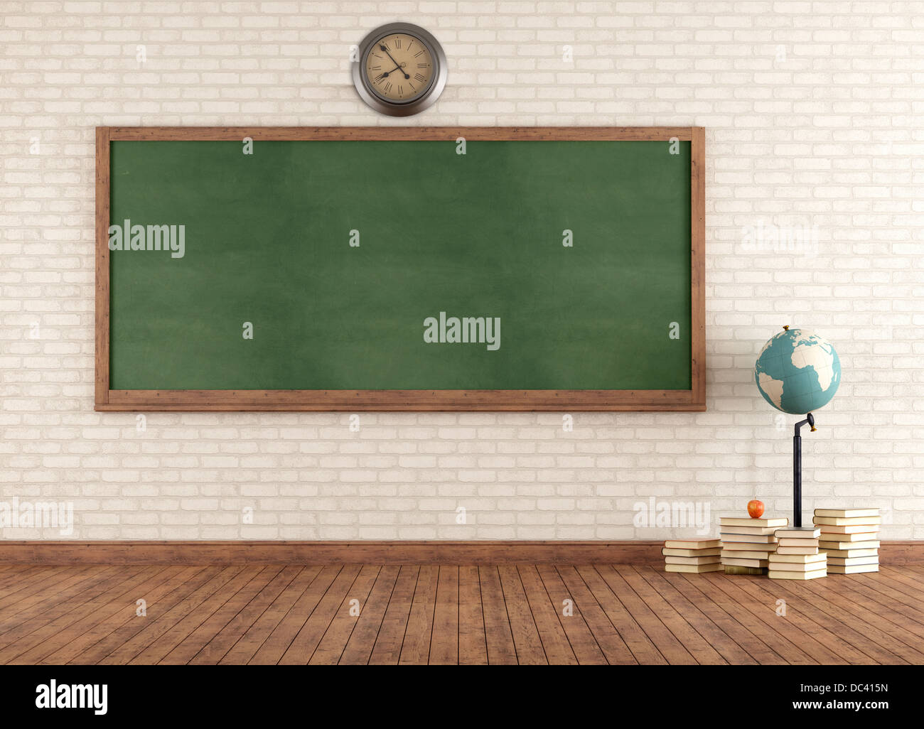 Empty vintage classroom with green blackboard against brick wall ...
