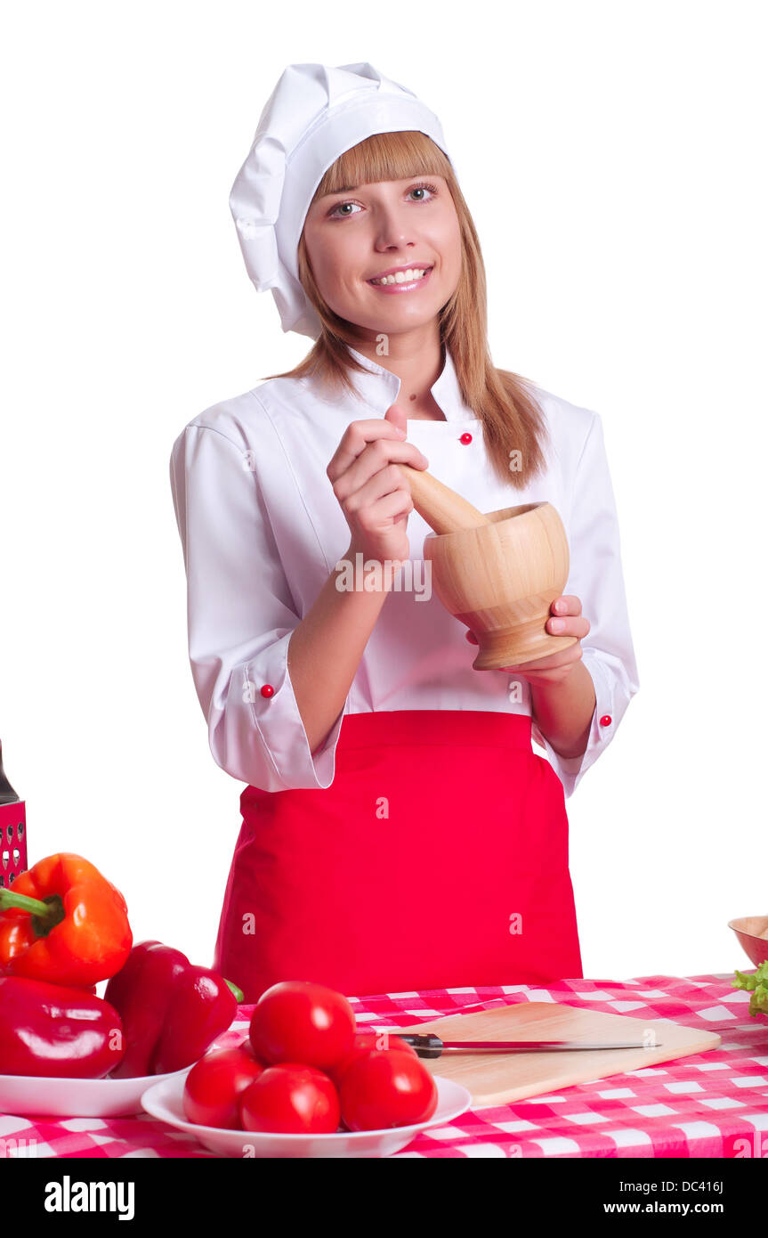 Attractive cook woman a over white background Stock Photo - Alamy