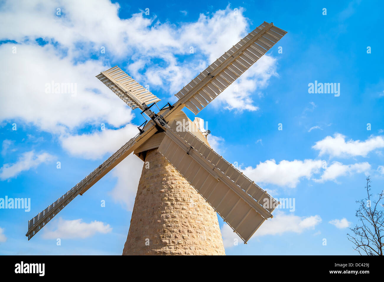 Montifiori windmill in Yemin Moshe, Jerusalem on background of blue sky ...