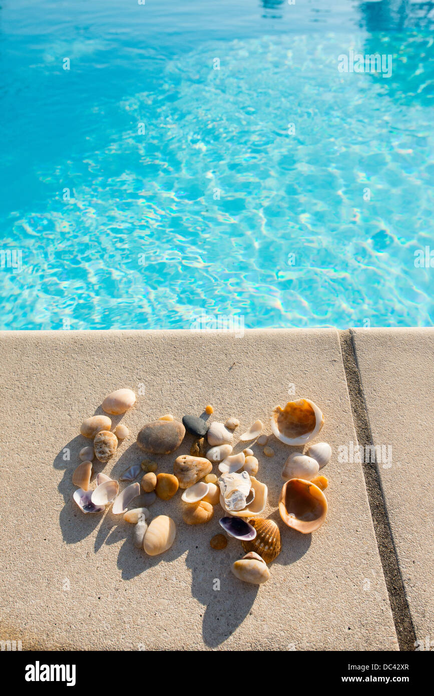Shells in sunlight at side of swimming pool with blue water Stock Photo ...