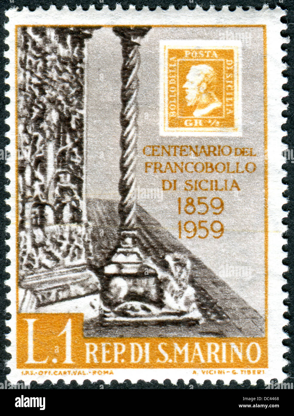 Postage stamp printed in San Marino shows Messina Cathedral Portal and ...