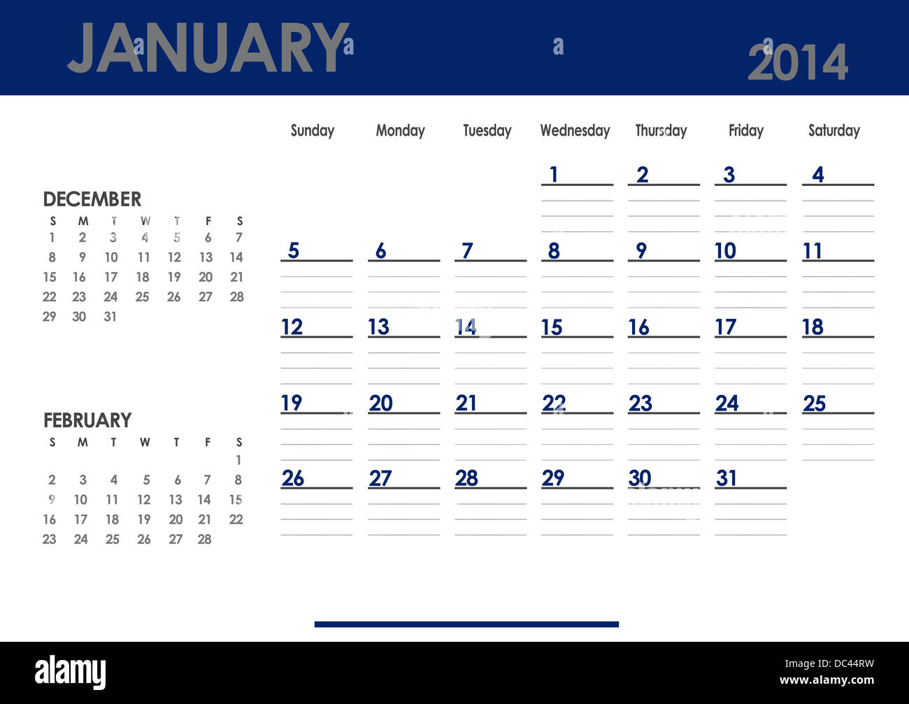 Monthly calendar for 2014 year - January. Start on Sunday. With ...