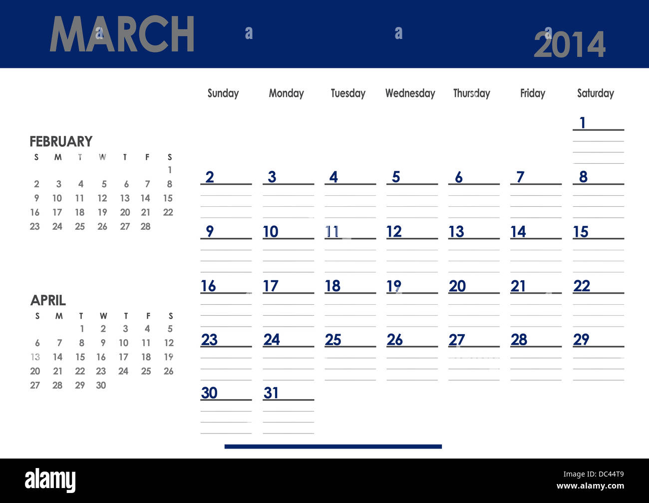 Monthly calendar for 2014 year - March. Start on Sunday. With previous ...