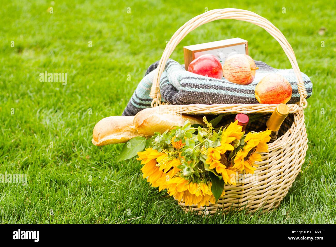 Summer picnic with a basket of food in the park Stock Photo - Alamy