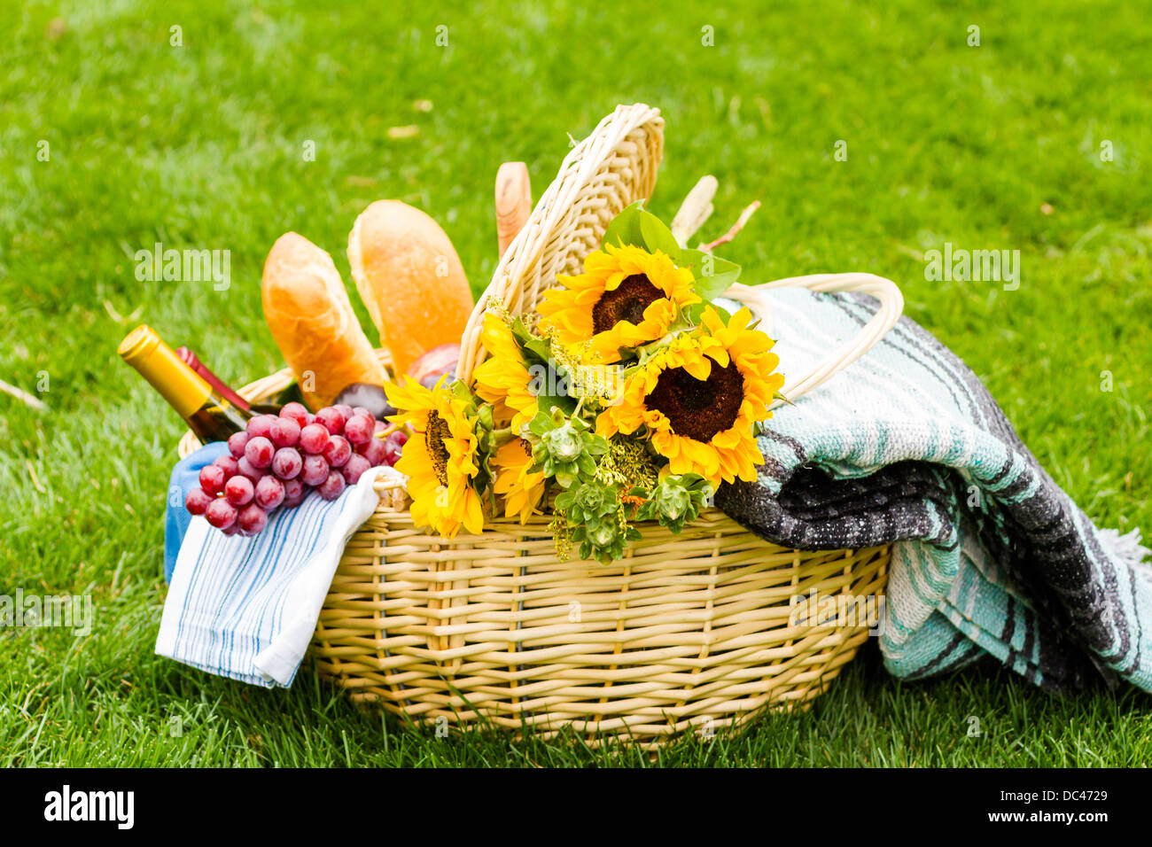 Summer picnic with a basket of food in the park Stock Photo - Alamy