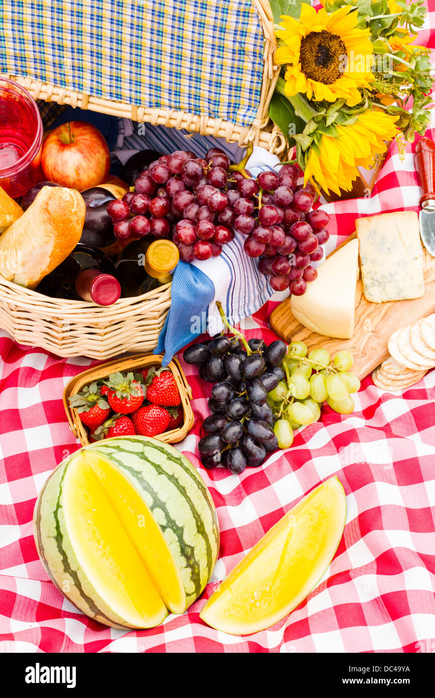 Summer picnic with a basket of food in the park Stock Photo - Alamy