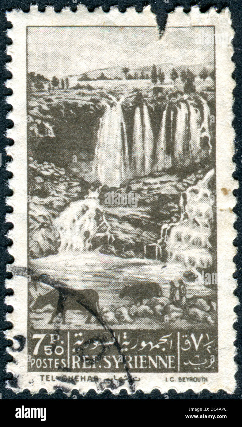 SYRIA - CIRCA 1949: Postage stamp Syria shows Tel-Chehab waterfall ...
