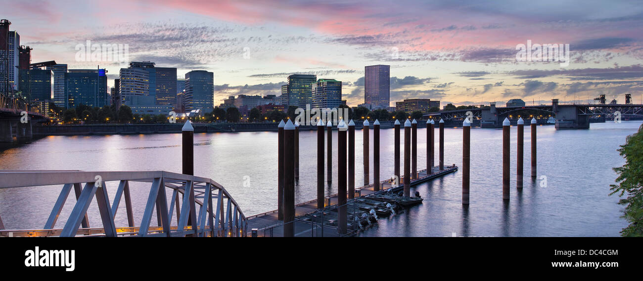 Portland Oregon Waterfront Skyline by the Boat Dock Along Willamette ...