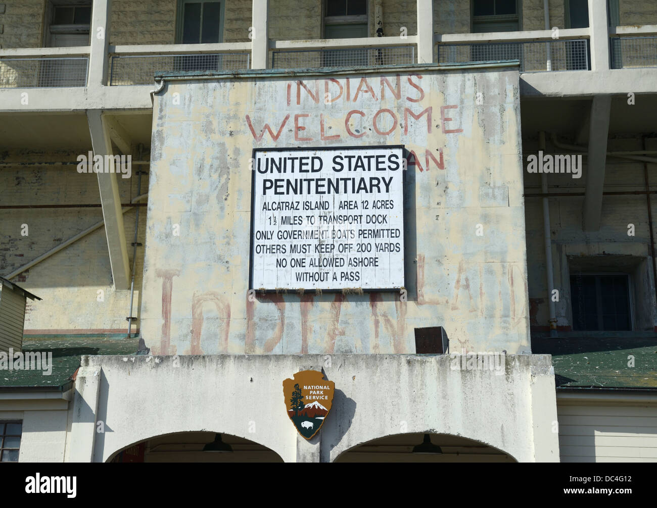 Alcatraz Penitentiary sign with graffiti from the Native American ...