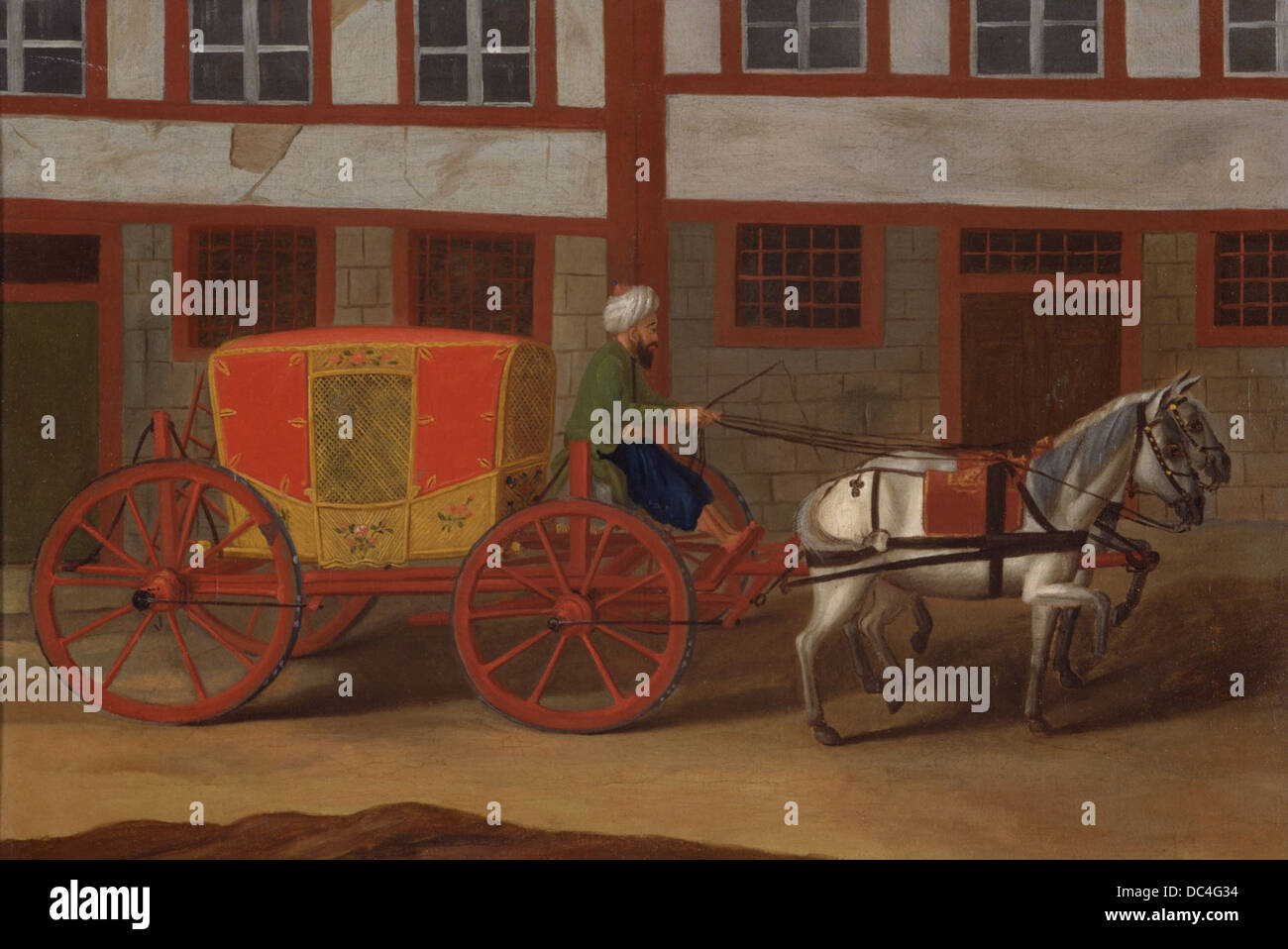 This artwork depicts a coachman guiding a team of horses while driving ...