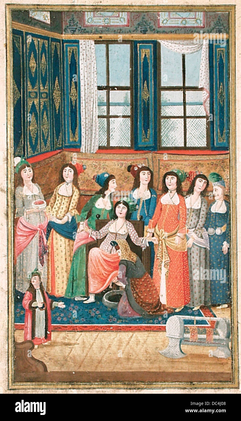 This artwork, held by LACMA, depicts a scene from a harem, illustrating ...