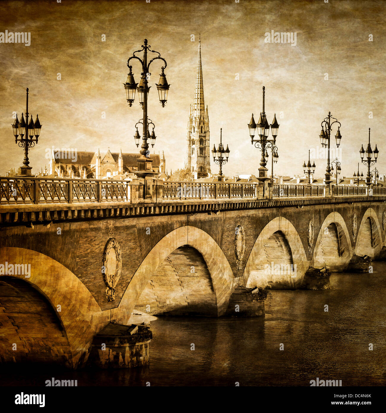 Bordeaux river bridge with St Michel cathedral Stock Photo - Alamy