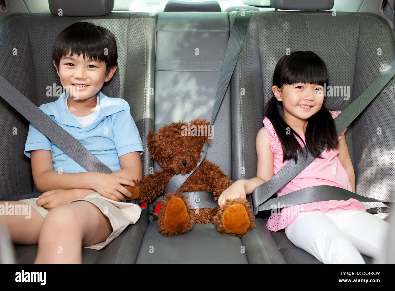 Cute boy and girl with teddy bear sitting in car back seat Stock Photo ...