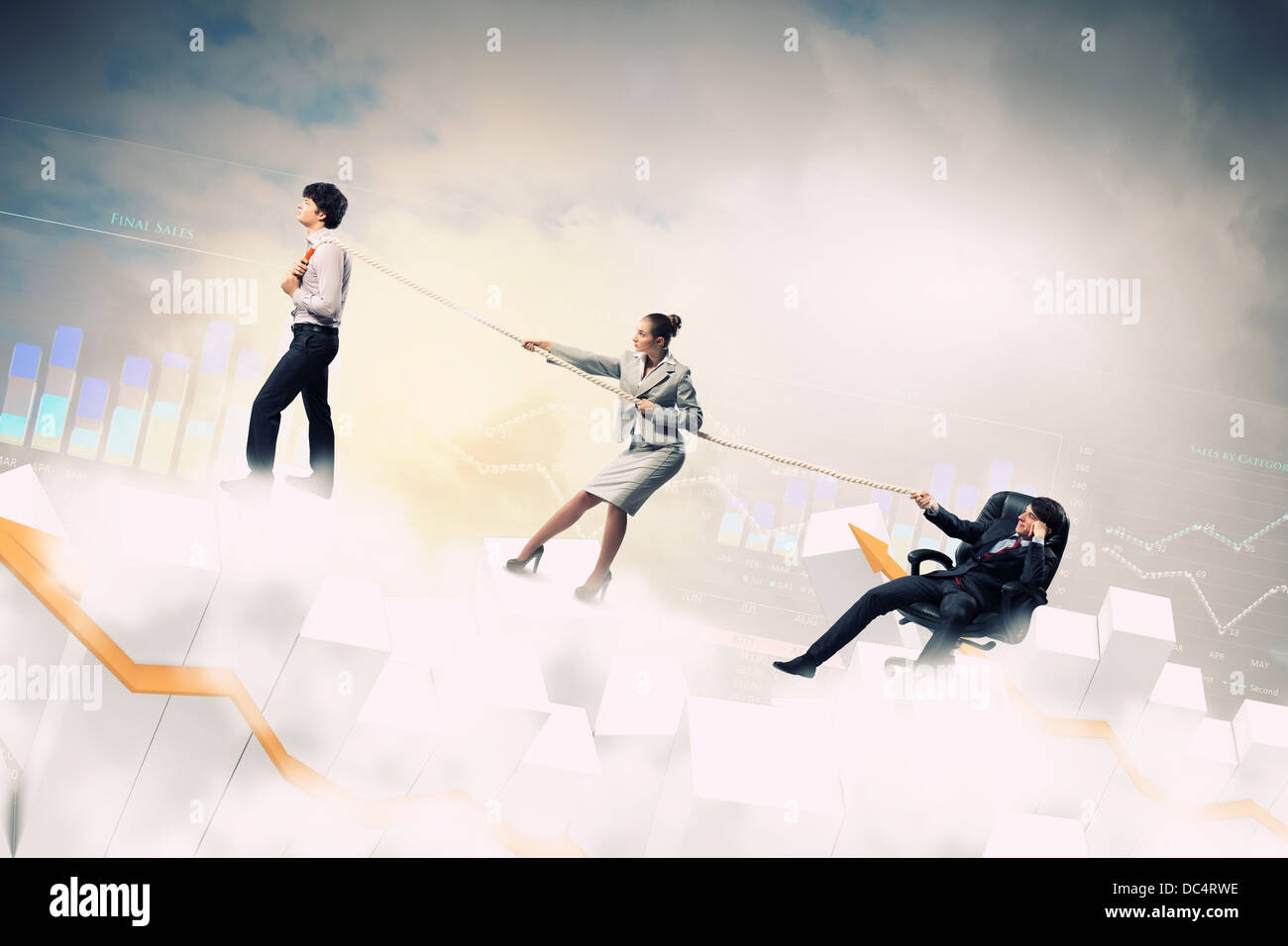 Three business people pulling rope Stock Photo - Alamy
