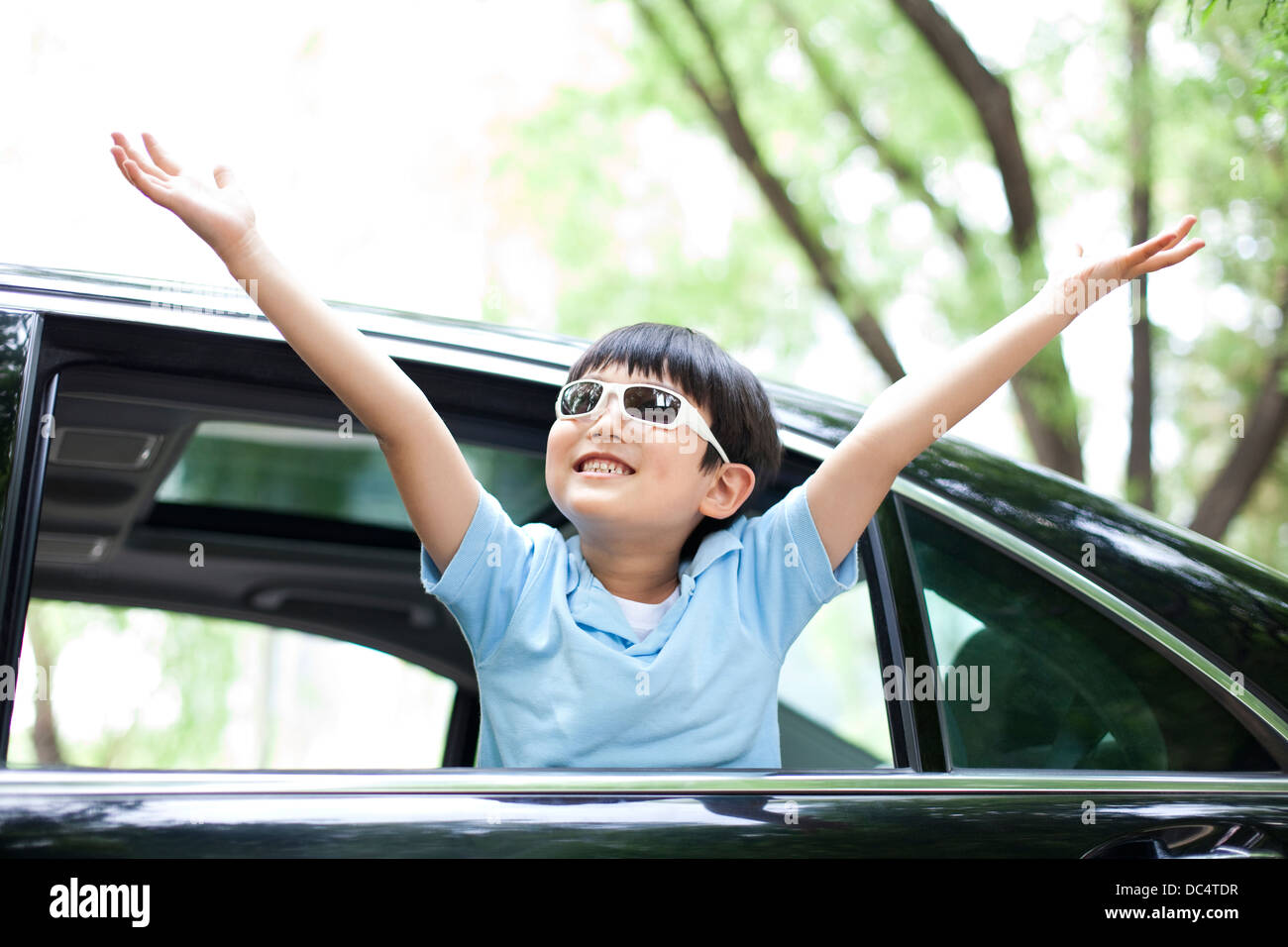 Excited boy with sunglasses leaning out of car window Stock Photo - Alamy
