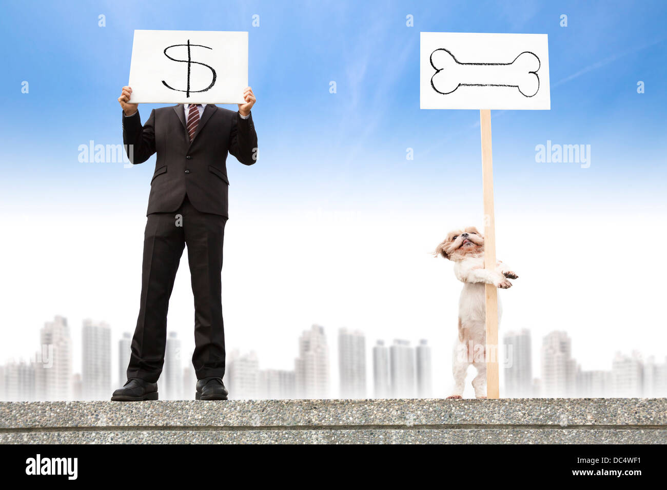 businessman showing the money sign and dog showing the bone Stock Photo ...