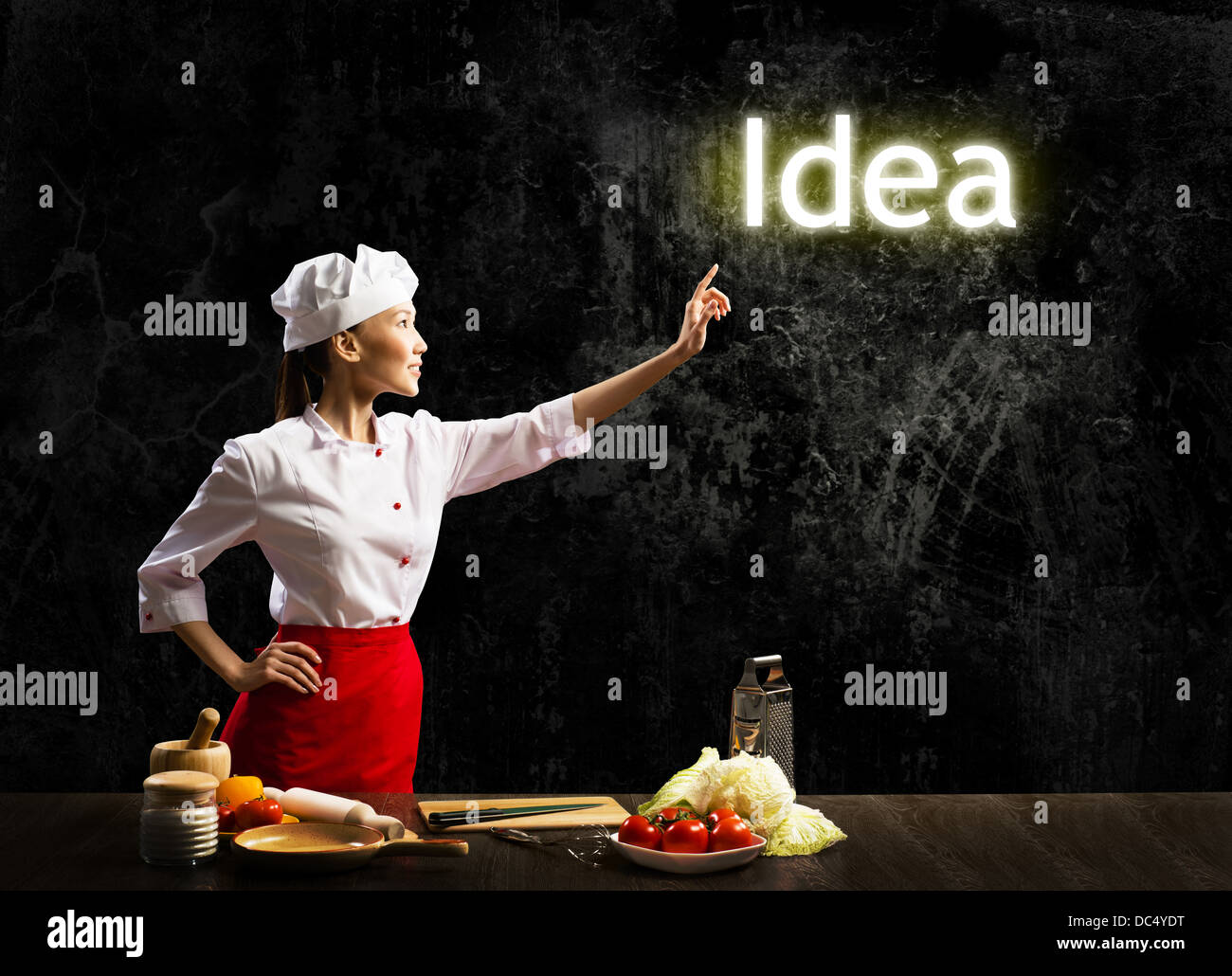 woman cook touch glowing word menu Stock Photo - Alamy