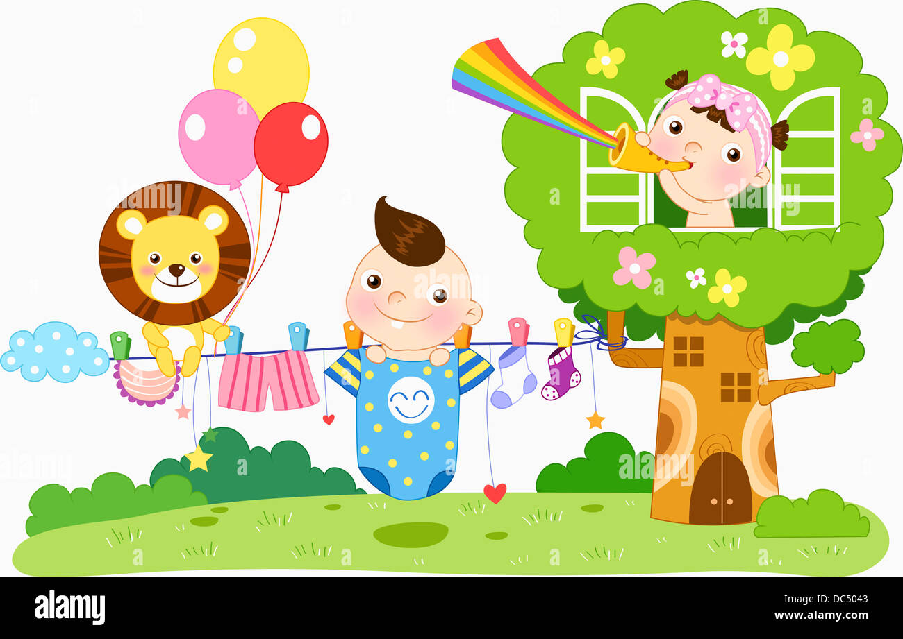 illustration of babies drying clothes Stock Photo - Alamy