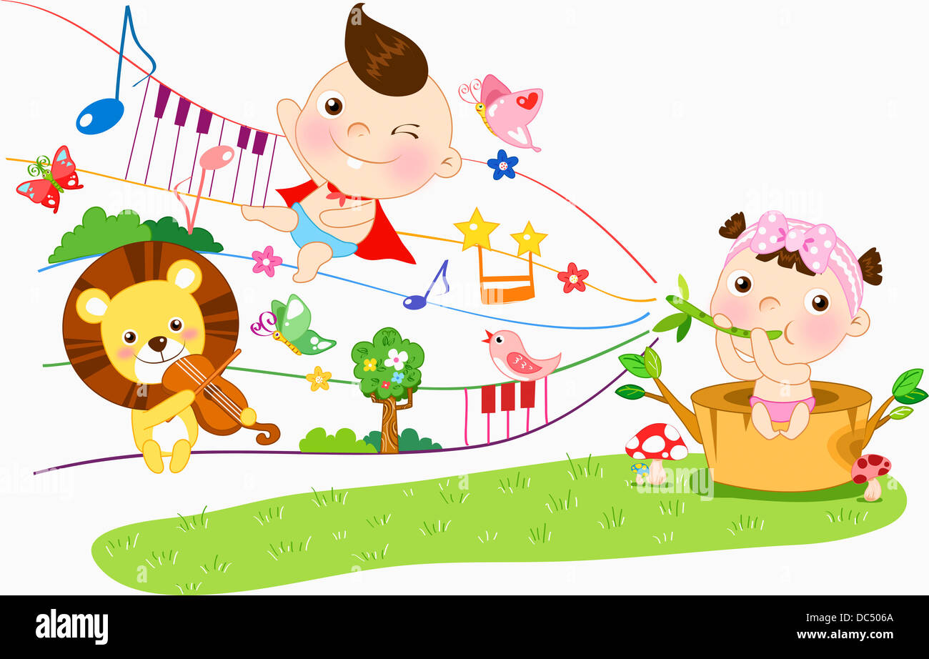 illustration of babies playing music Stock Photo - Alamy