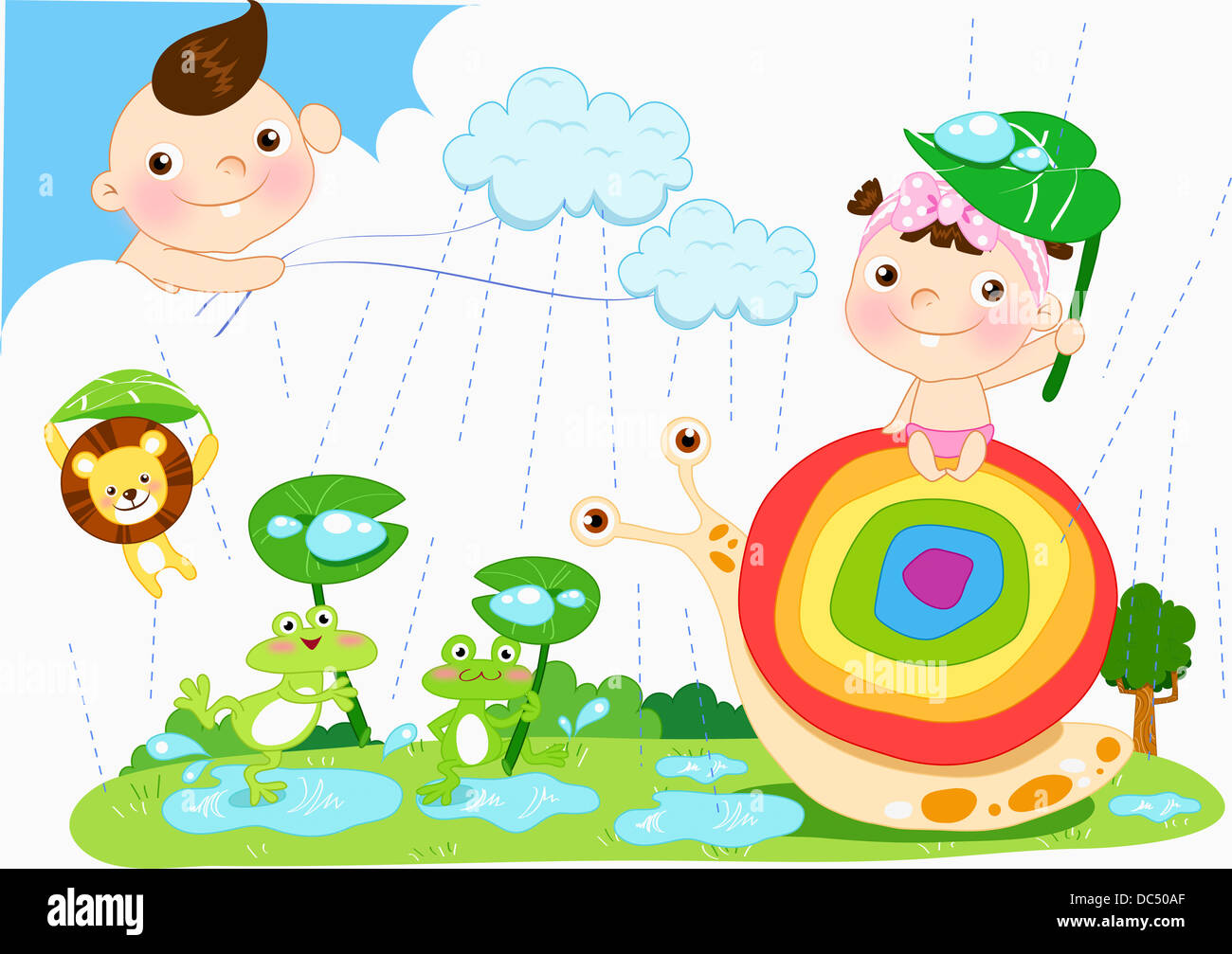 illustration of babies in the rain Stock Photo - Alamy