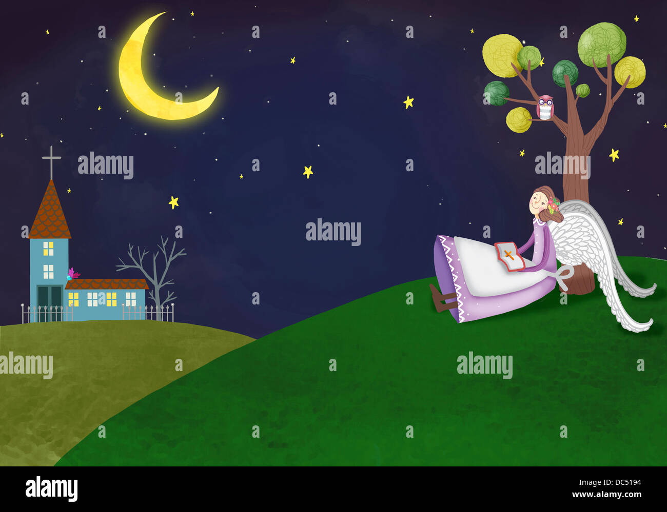 illustration of angel having a rest under tree Stock Photo - Alamy