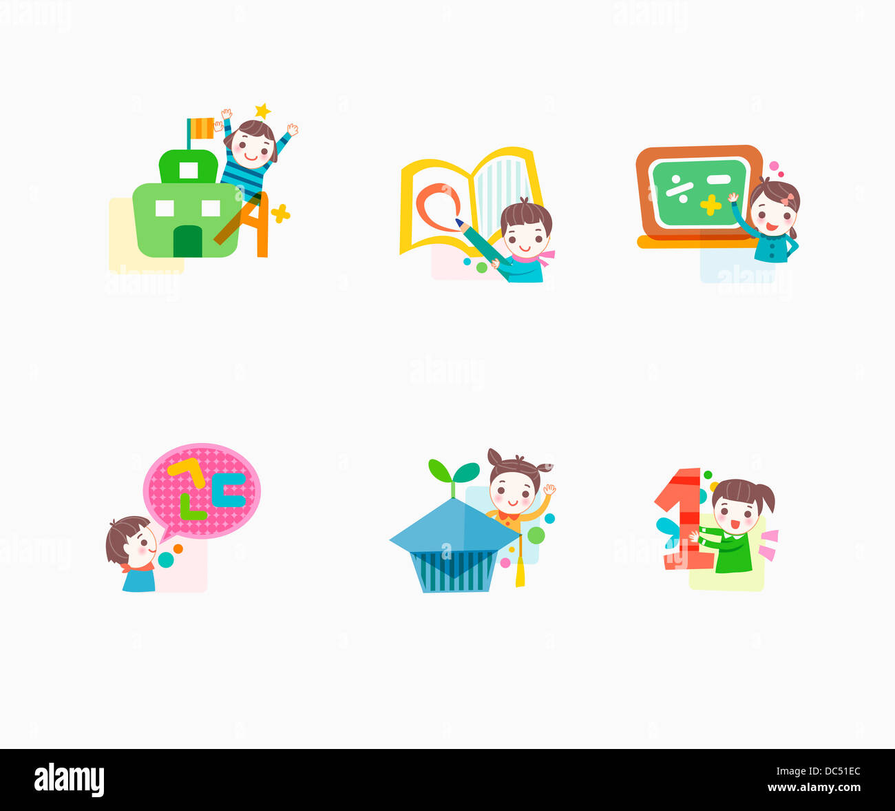 illustration set of a human character with education icons Stock Photo ...