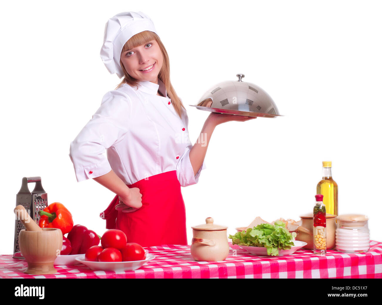 Attractive cook woman a over white background Stock Photo - Alamy