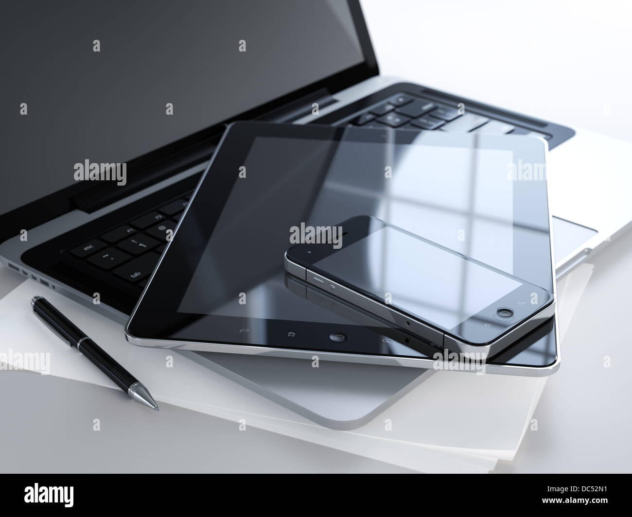 3D illustration of office table with electronic devices and blank sheet ...
