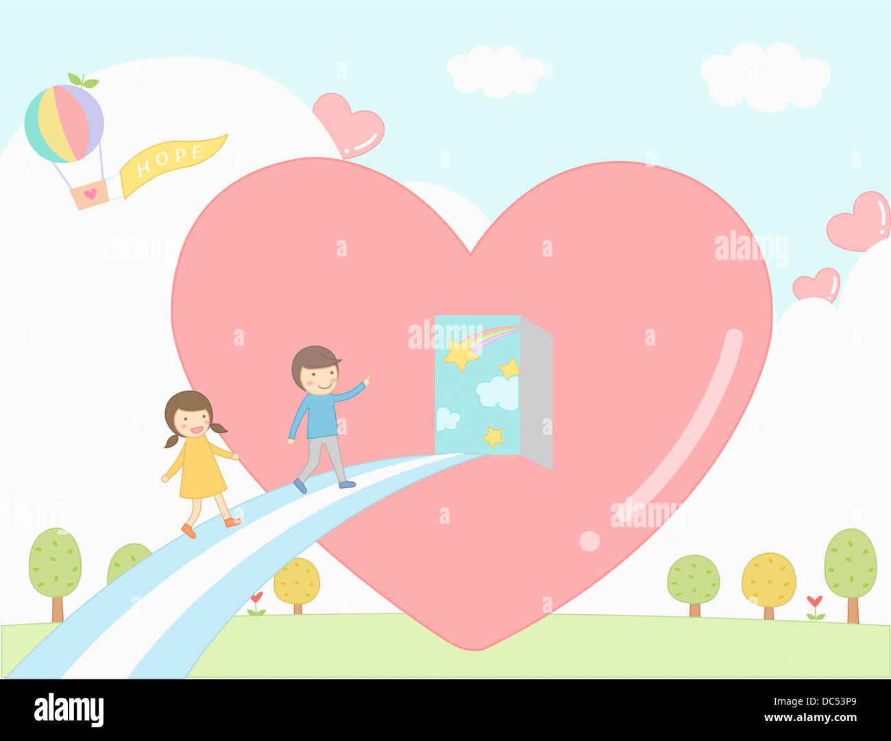 illustration of people walking to the heart gate Stock Photo - Alamy
