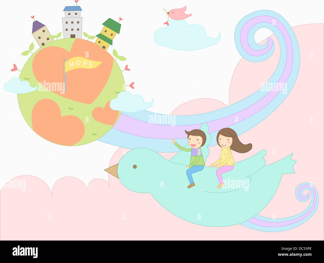 illustration of people flying on bird Stock Photo - Alamy