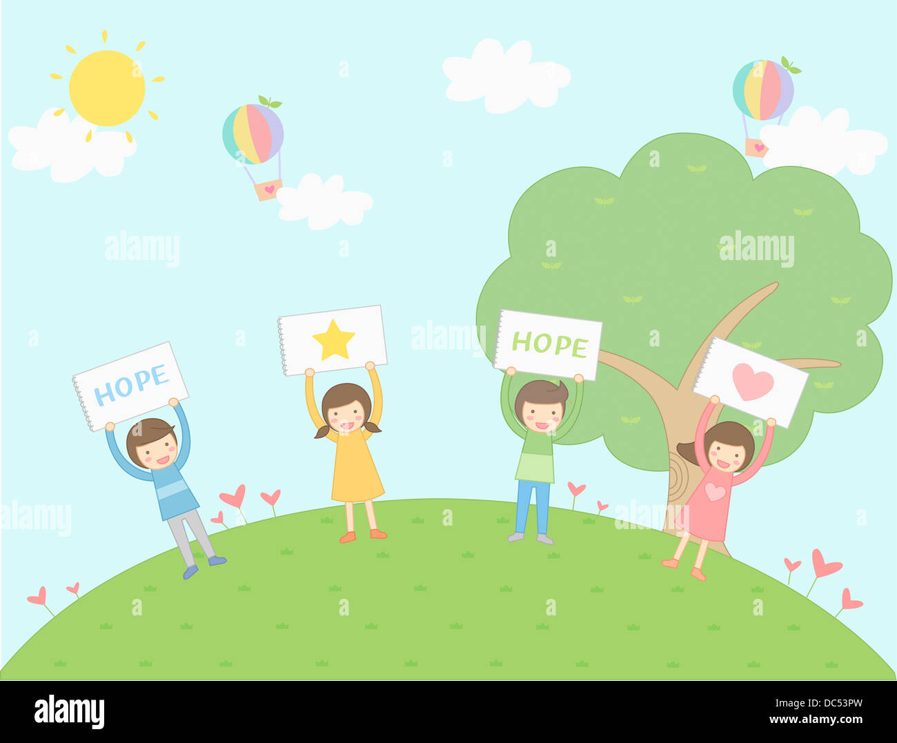 illustration of people holding boards with words hope Stock Photo - Alamy