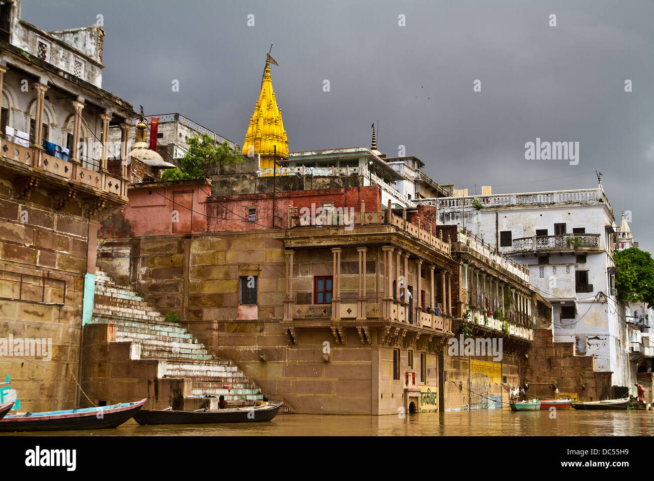 dangerously high water level on the River Ganges in Varanasi in India ...