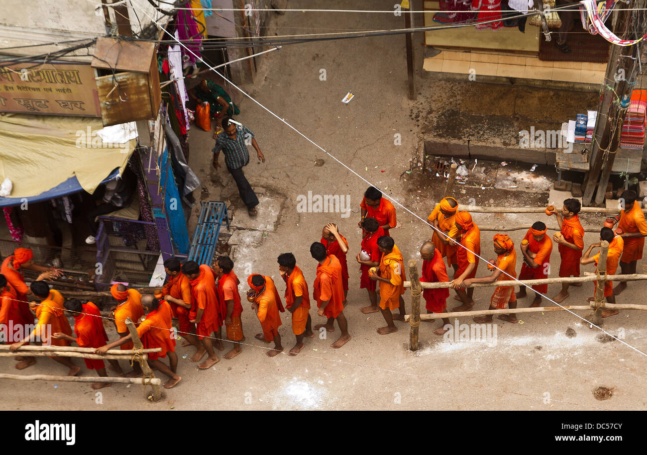 worshipers lining up to visit the Golden temple in Varanasi in India ...