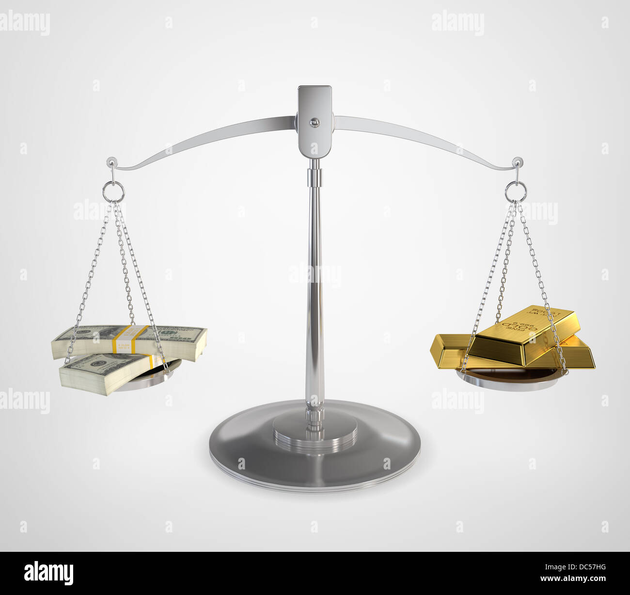 3D illustration of scales of justice with bundle of money on one side ...