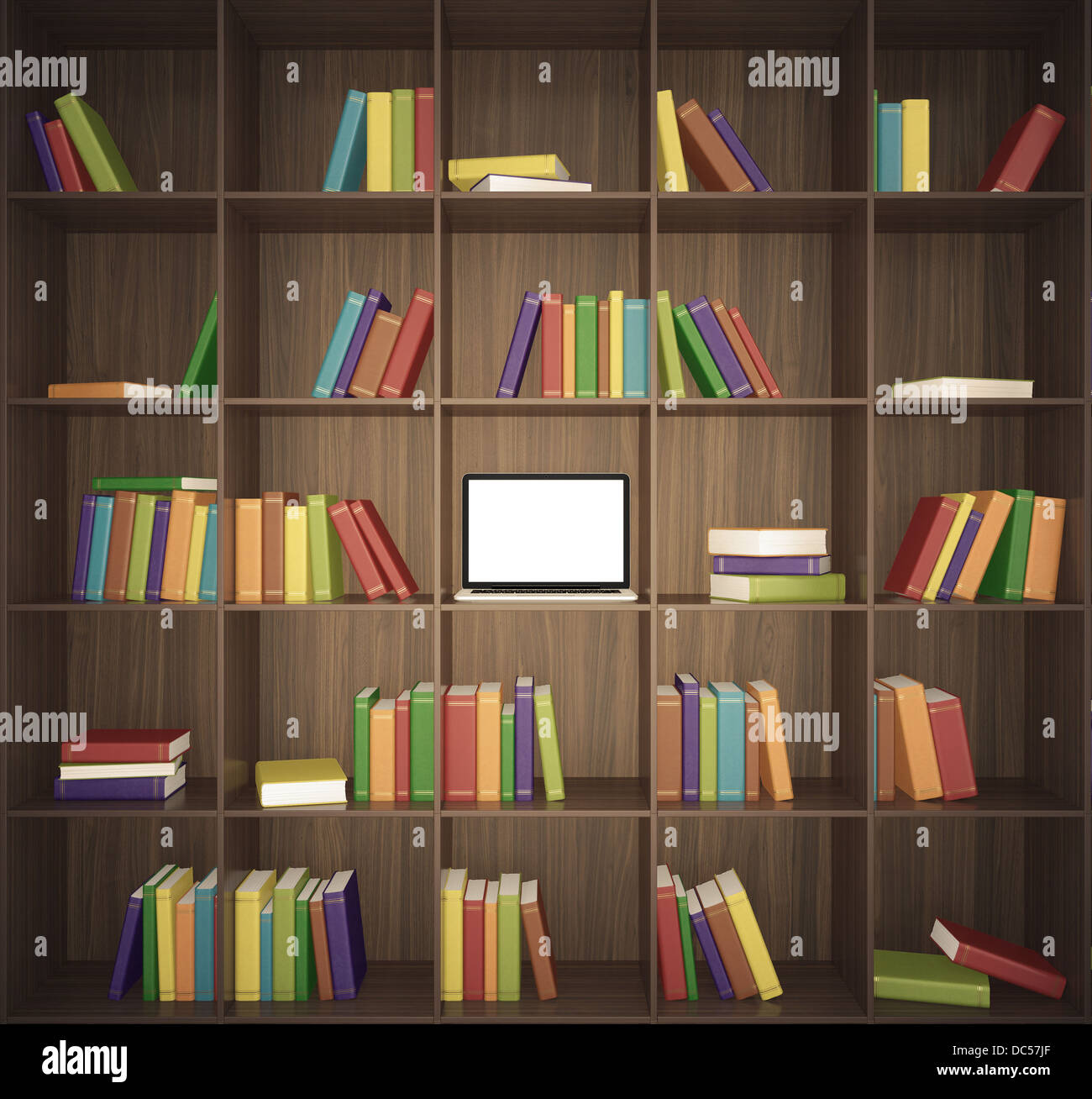 Library with wooden shelfs and multicolored books and laptop on the ...