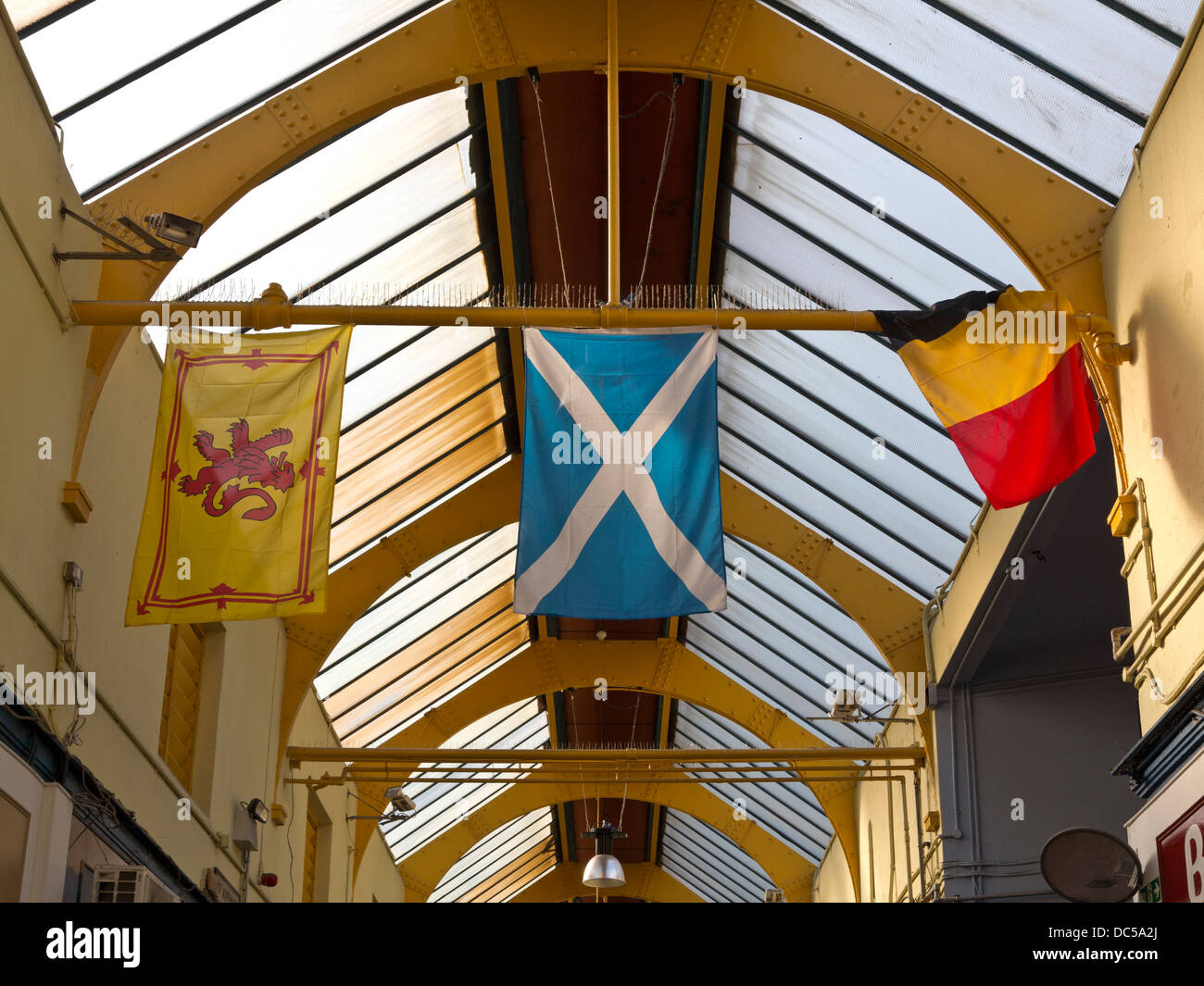 Flags from various countries at the refurbished Brixton Market, a ...
