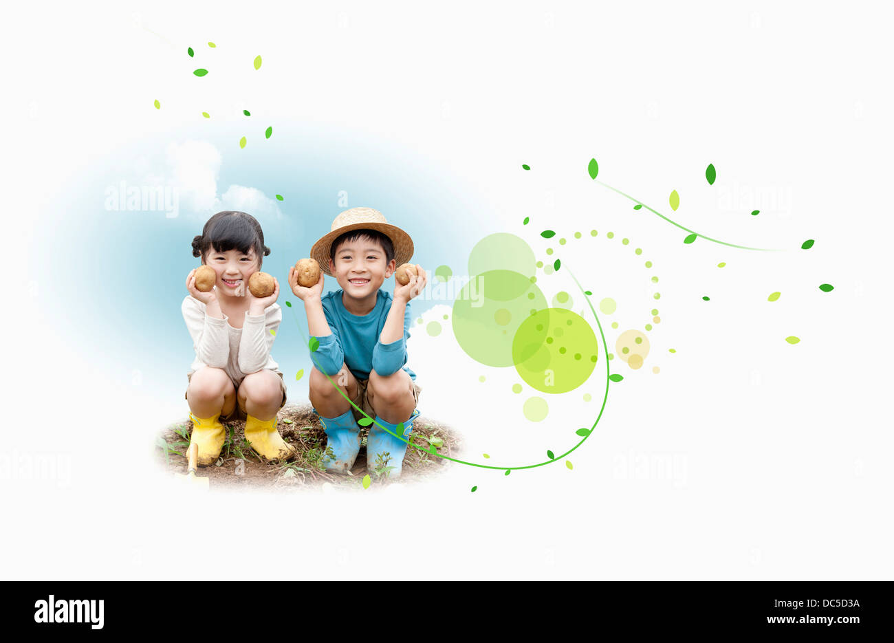 illustration on a picture of two kids in the farm Stock Photo - Alamy