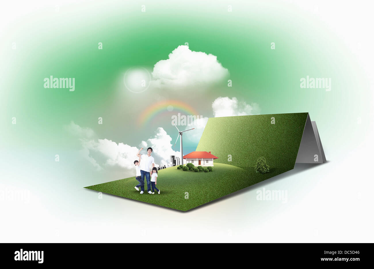 family on illustrative background featuring green land Stock Photo - Alamy