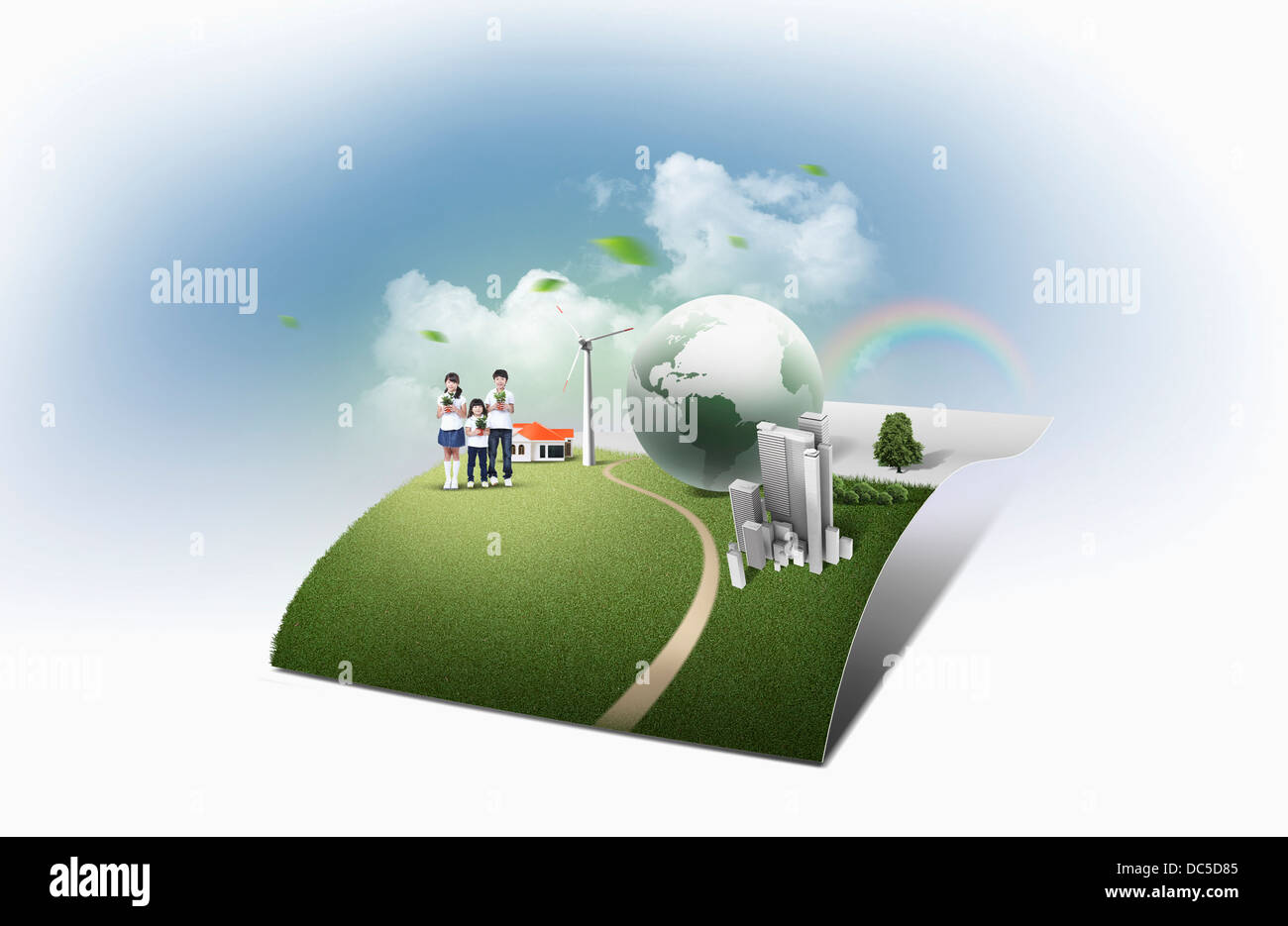 family on illustrative background featuring green land Stock Photo - Alamy