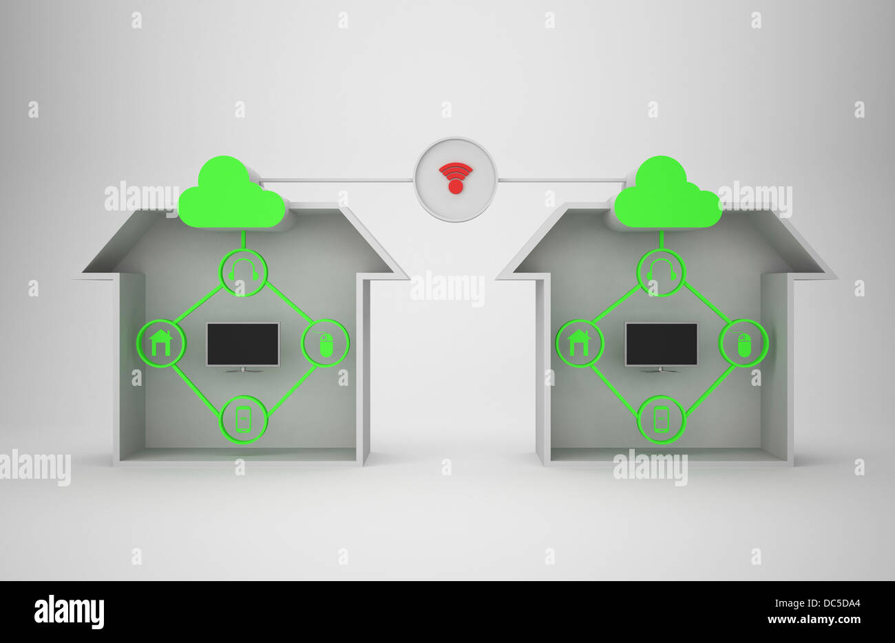 illustration of two houses connected with clouds Stock Photo - Alamy